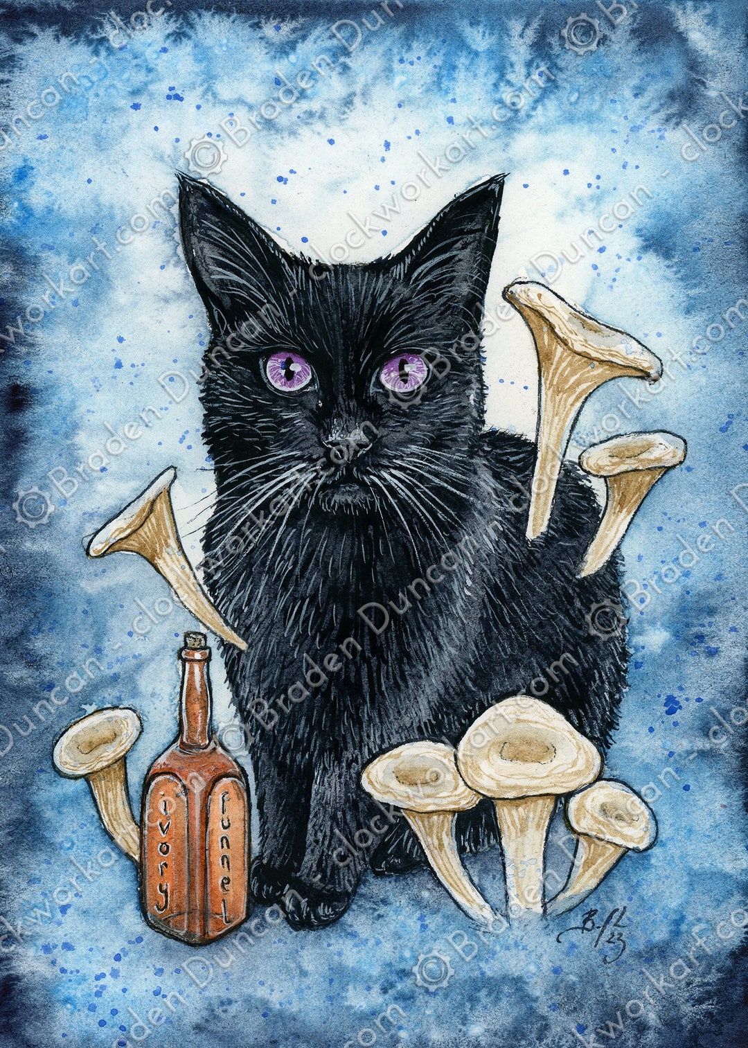 Fatal Fungi Feline: Ivory Funnel - Watercolour Wicca Magic Black Cat ...