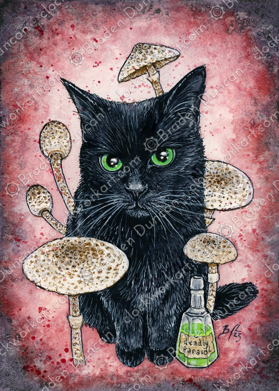 Fatal Fungi Feline: Deadly Parasol - Watercolour Wicca Magic Black Cat ...