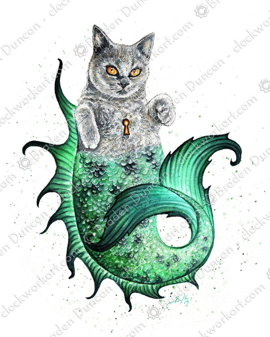Mechanical Merkitten Malachite: Fine Art Watercolour Steampunk Cat ...