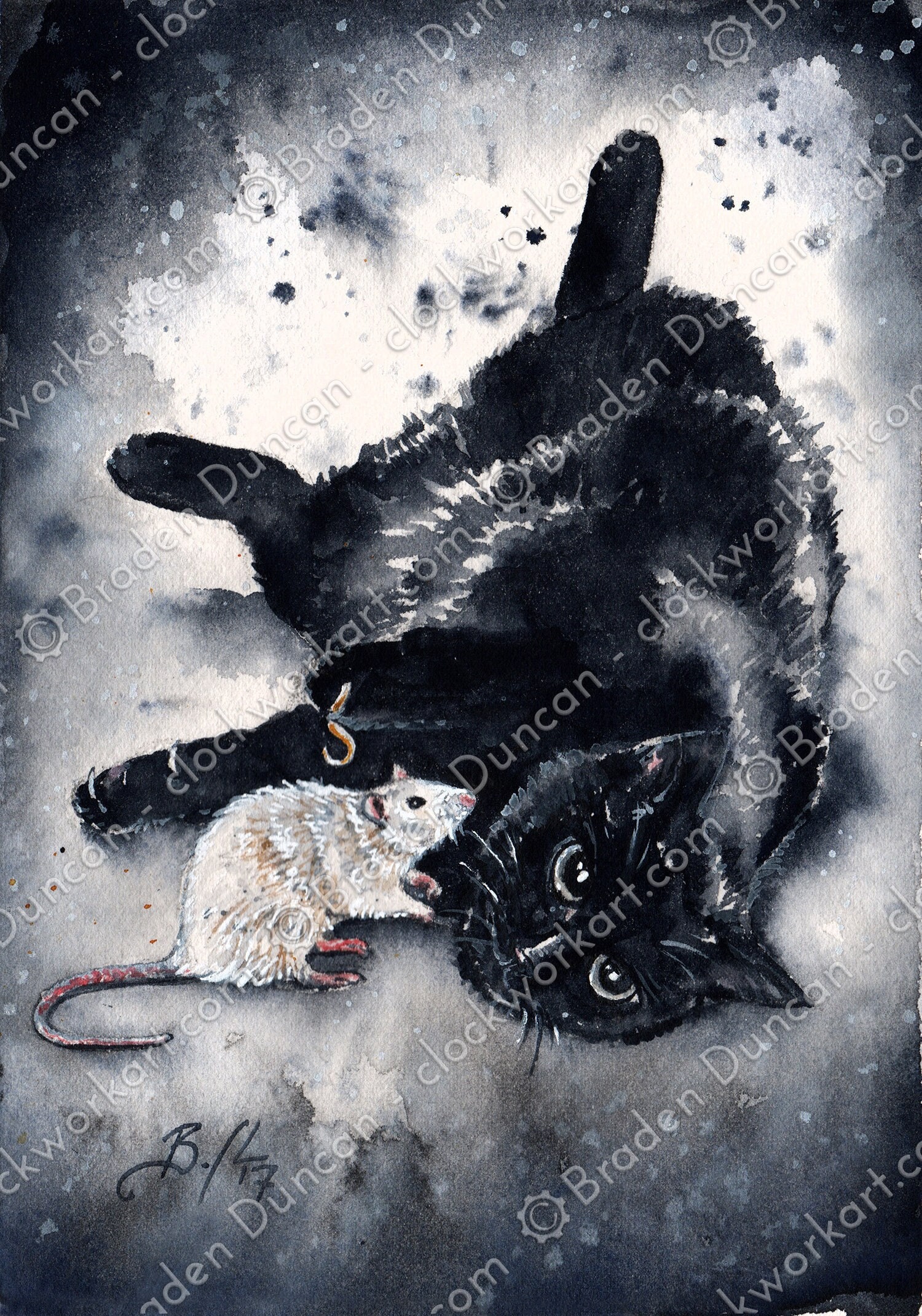 Despair Kitten - Fine Art Watercolour Fantasy Black Cat Rat Print - Etsy