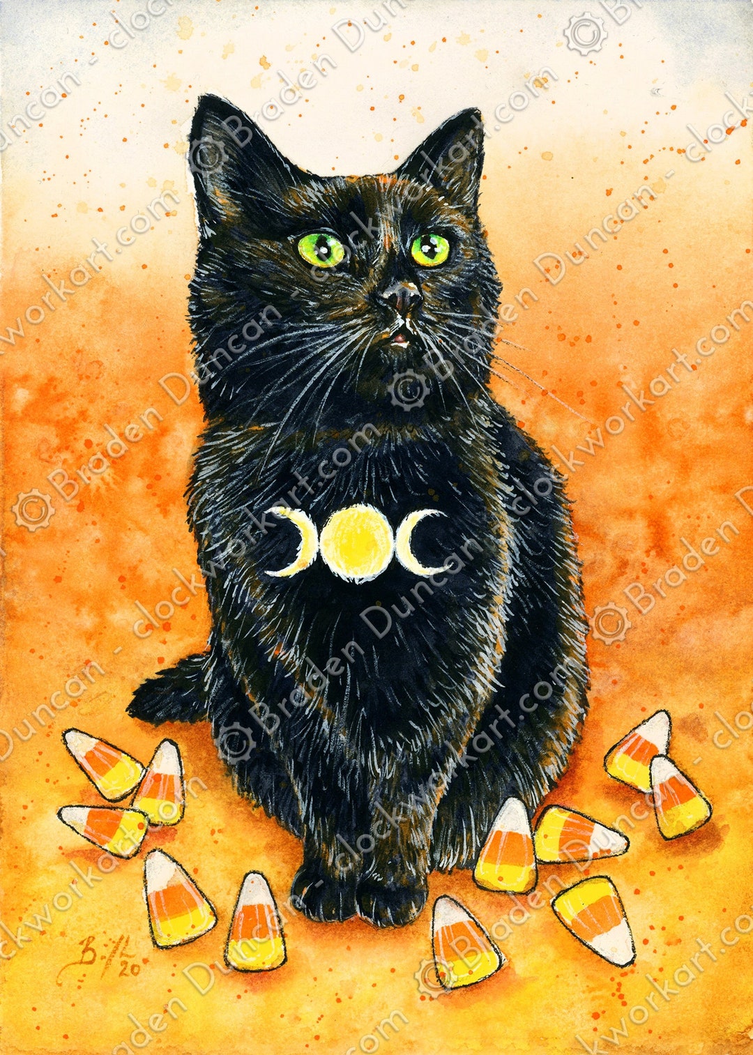 Candy Corn Kitten - Watercolour Fantasy Halloween Black Cat Print - Etsy