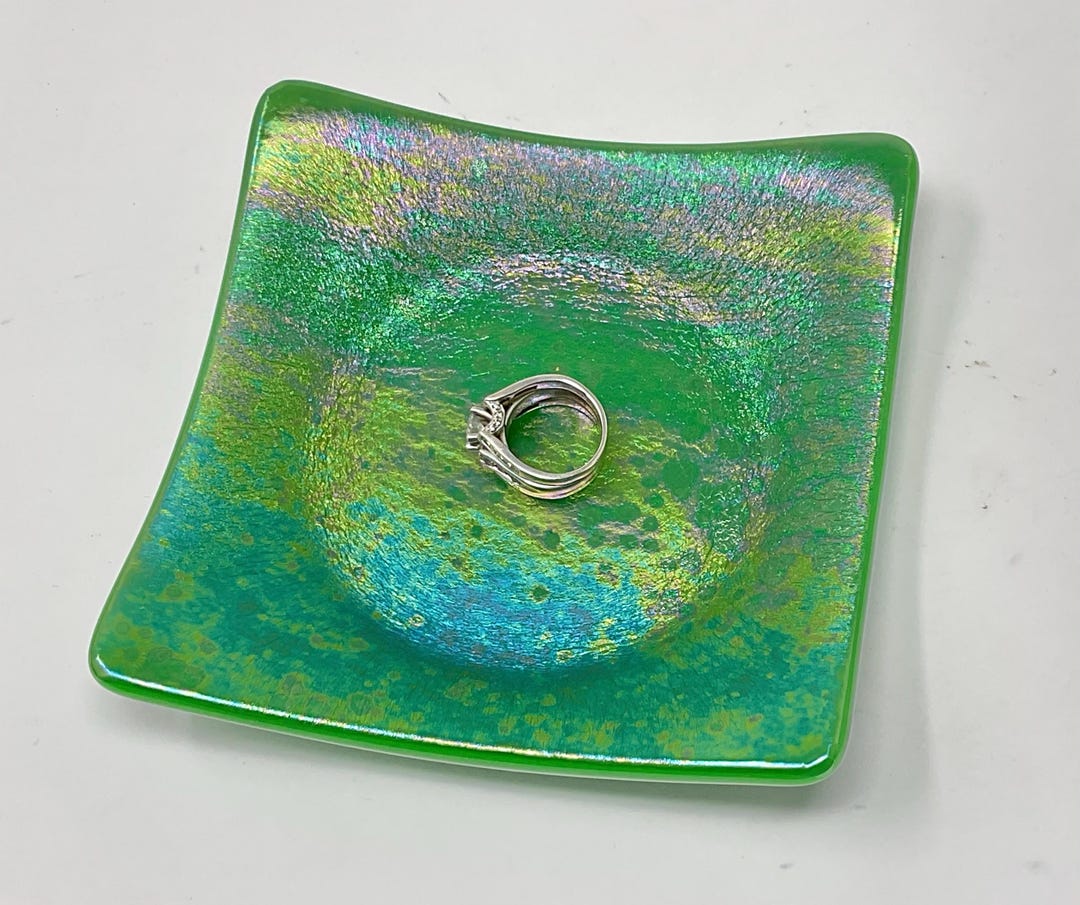 Iridescent Green Art Glass Ring Dish, Fused Glass Dish, Decorative ...