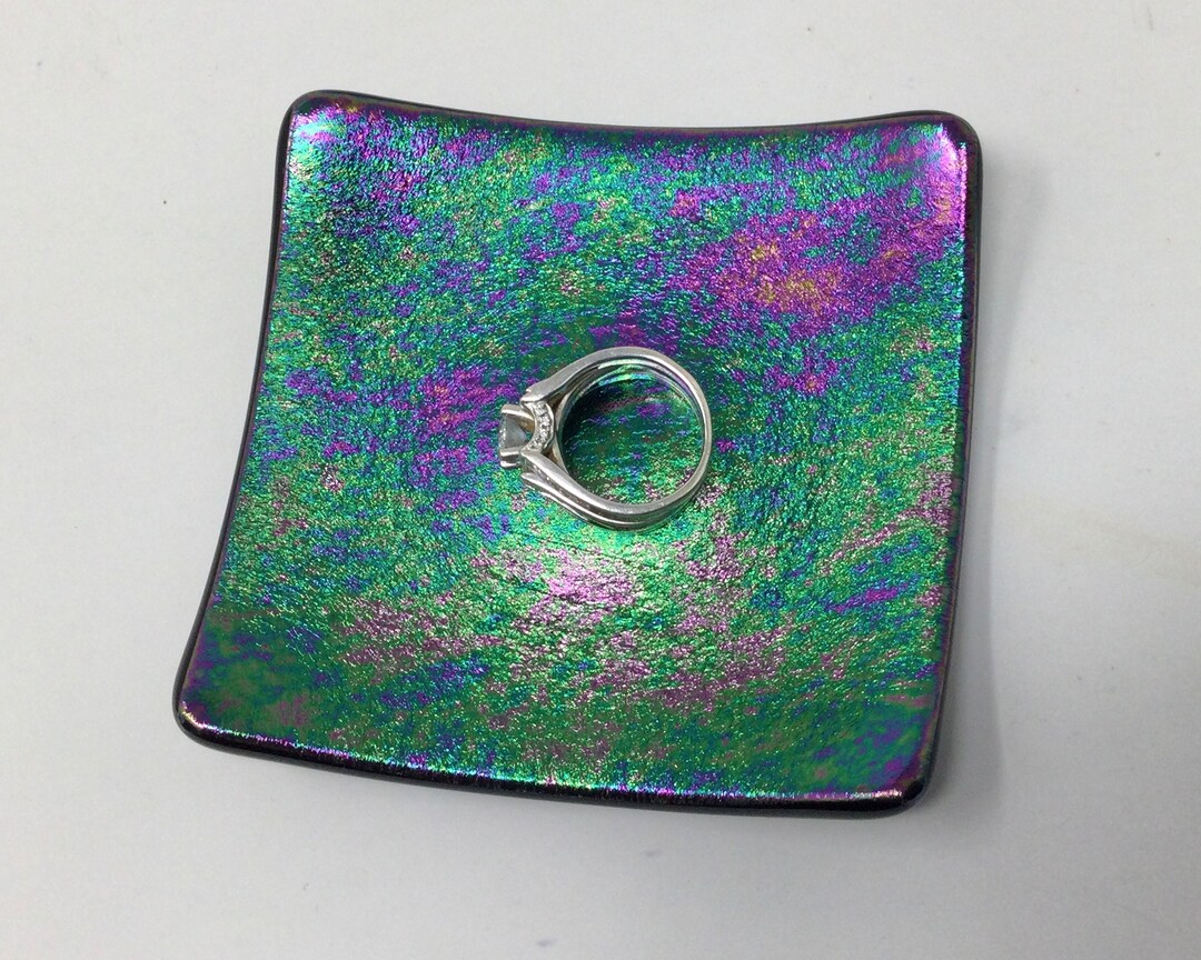 Iridescent Black Art Glass Ring Dish, Fused Glass Dish, Decorative ...