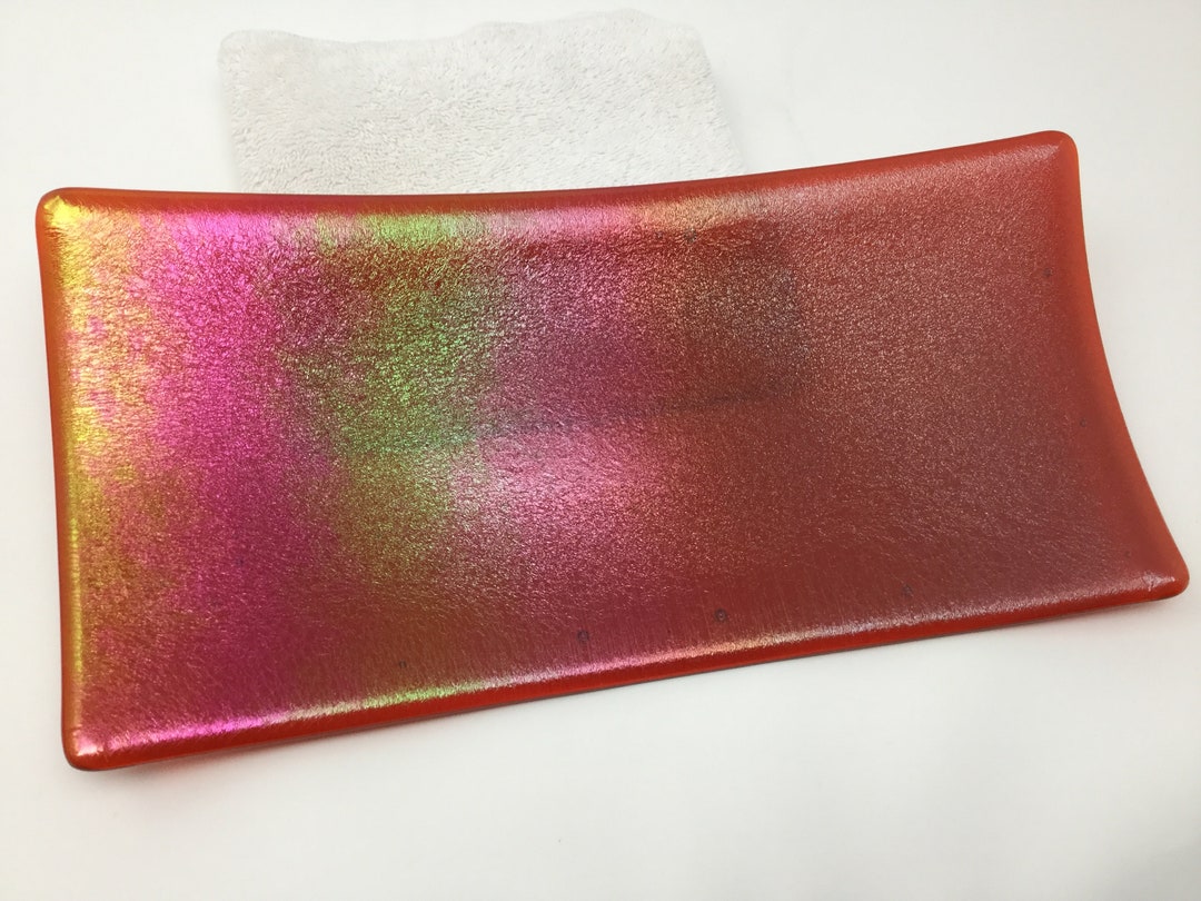 Iridescent Red Orange Fused Glass Tray, Art Glass Dish, Iridized ...