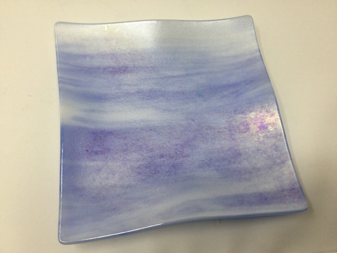 Iridescent Blue White Fused Glass Dish, Art Glass Plate, Iridized Blue ...