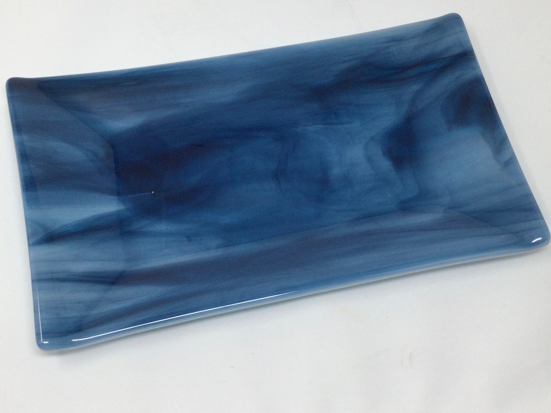 Fused Glass Tray, Blue Streaky Art Glass Dish, Decorative Serving Tray ...