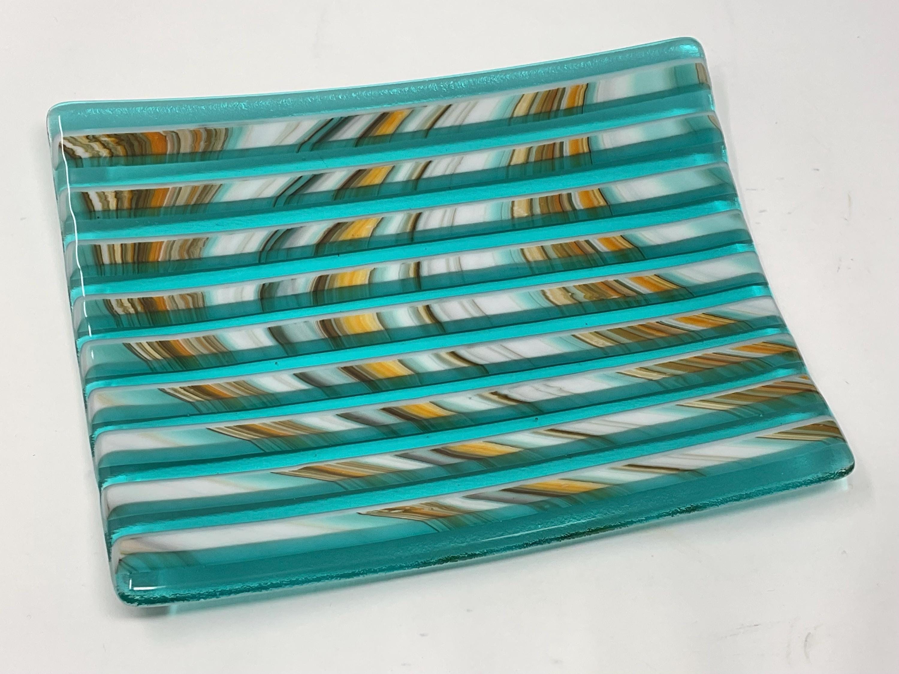 Fused Glass Tray: Turquoise Orange Venetian Blind Style Art Glass Dish ...