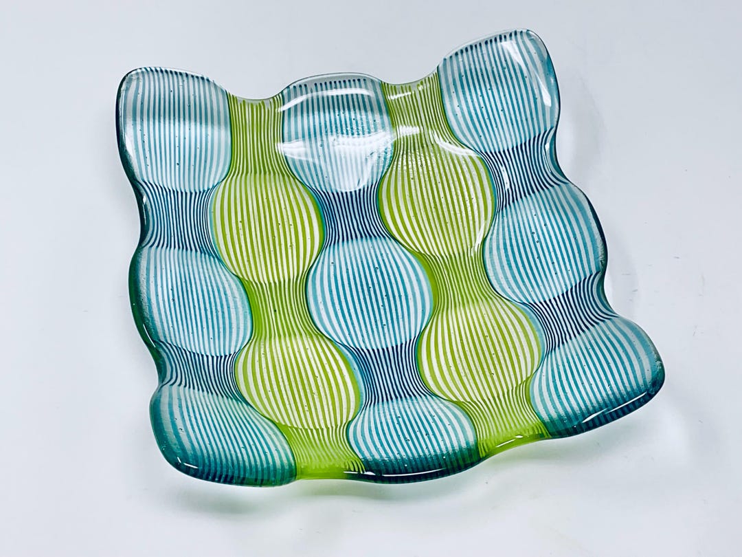 Fused Glass Optical Illusion Bowl, Blue Green Square Art Glass Bowl ...