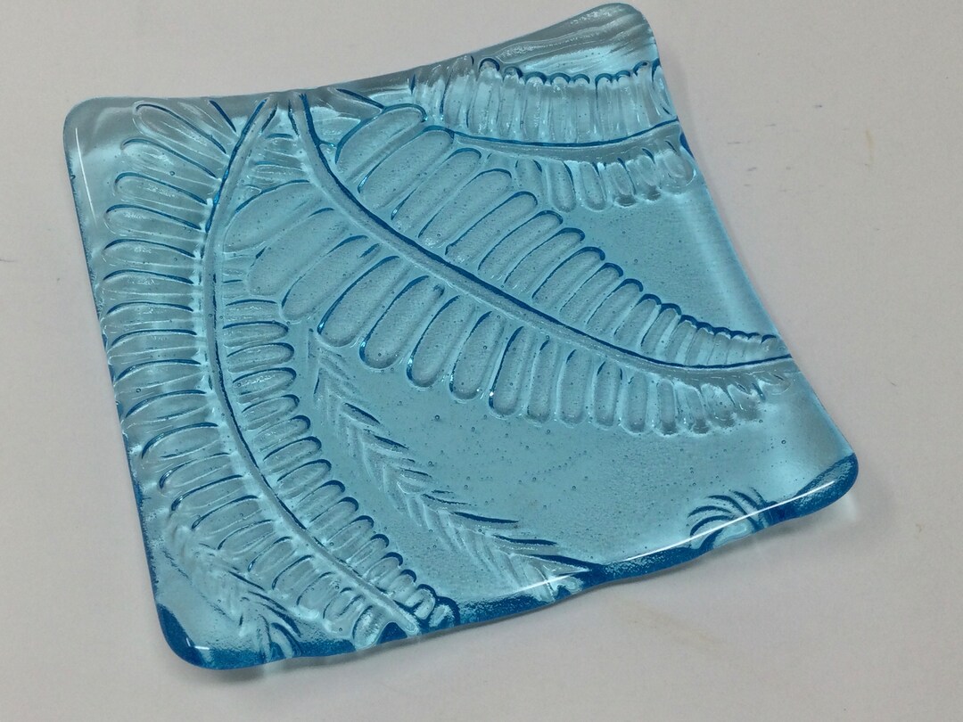 Blue Fern Leaf Embossed Art Glass Dish, Fused Glass Dish, Decorative ...