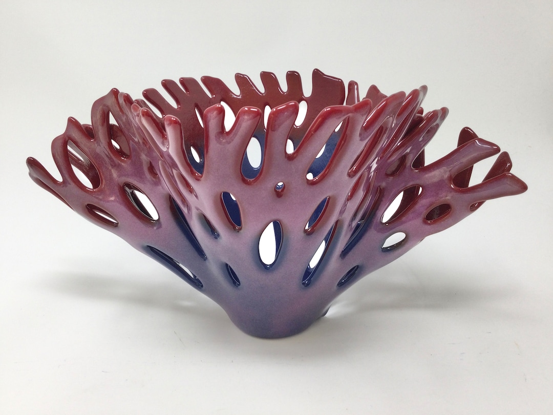 Fused Glass Coral Vase, Red Blue Pink Kiln Formed Art Glass Sculpture ...