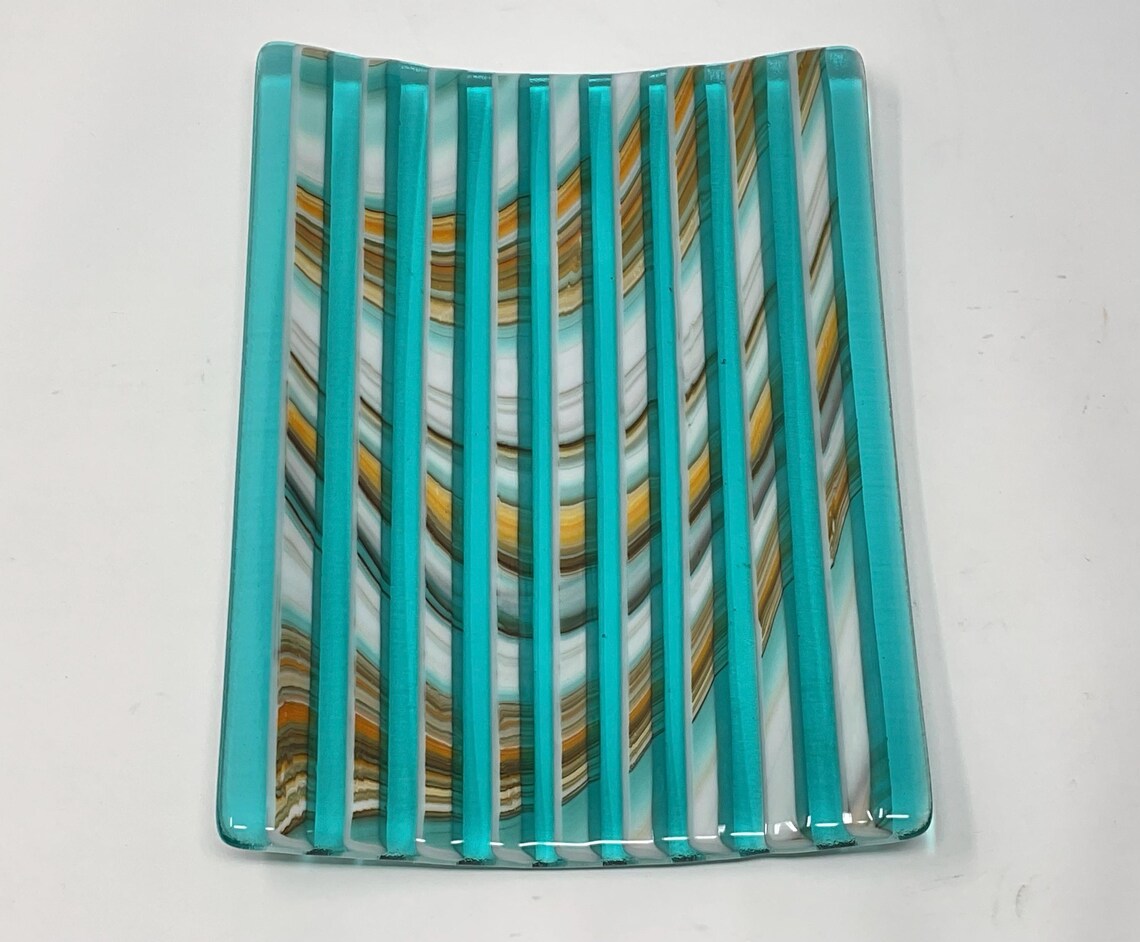 Fused Glass Tray: Turquoise Orange Venetian Blind Style Art Glass Dish ...