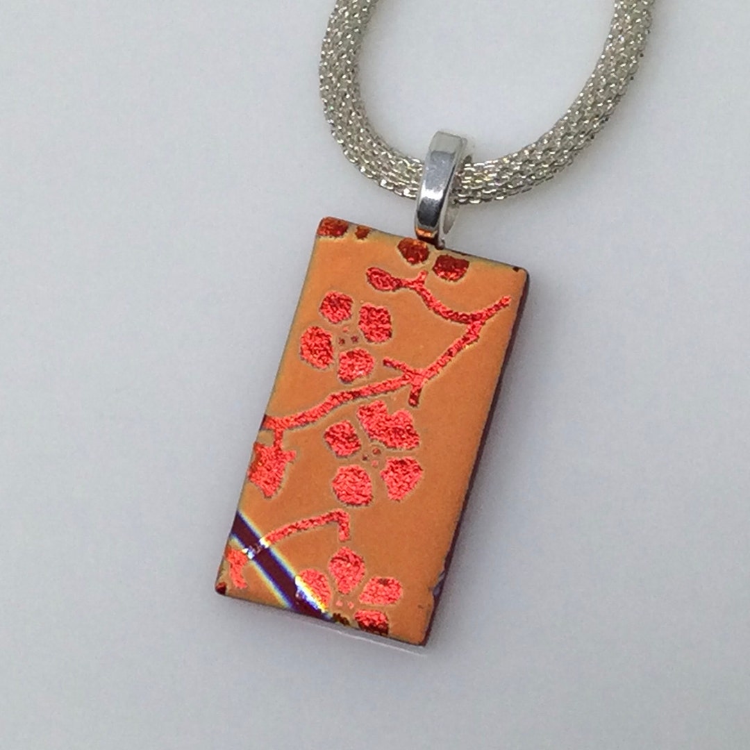Red Orange Cherry Blossom Necklace, Dichroic Glass Pendant, Fused Glass ...