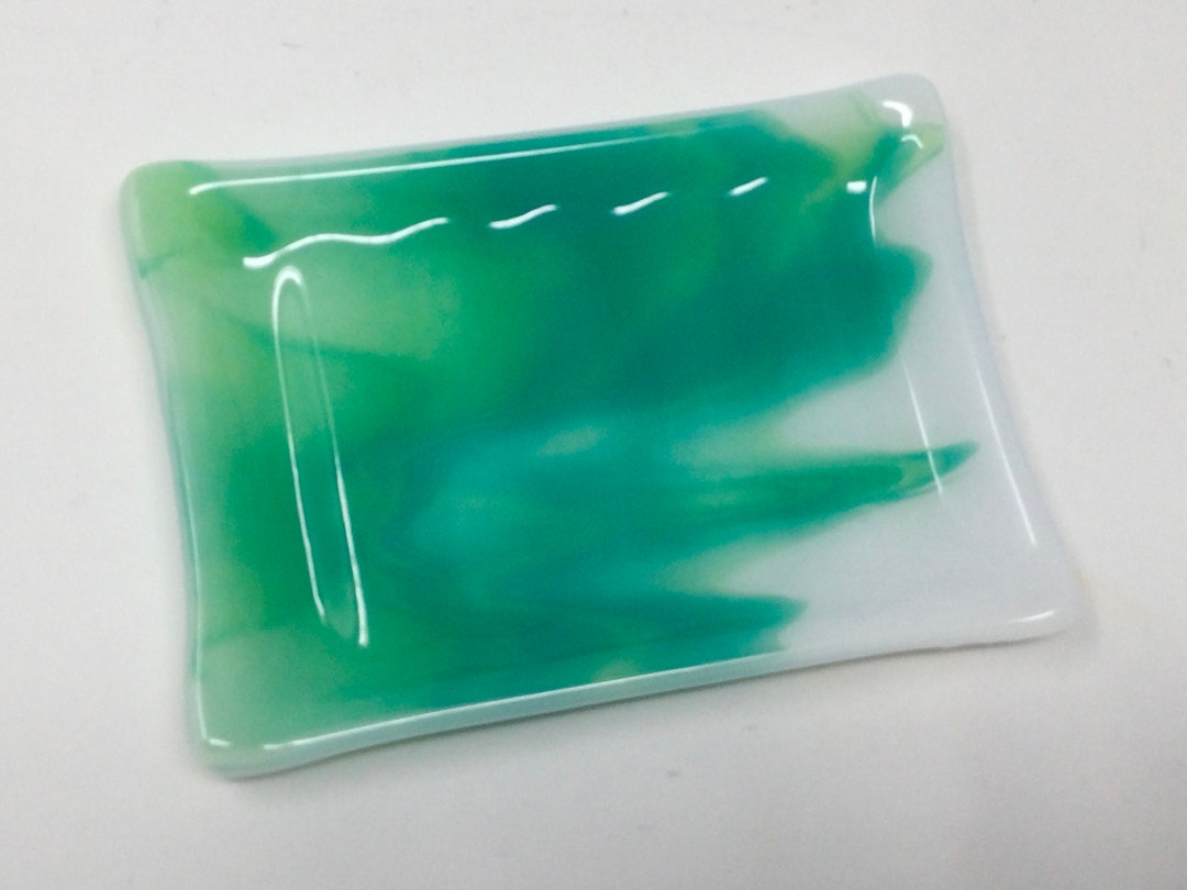 Teal Green White Streaky Art Glass Soap Dish, Fused Glass Sponge Holder ...
