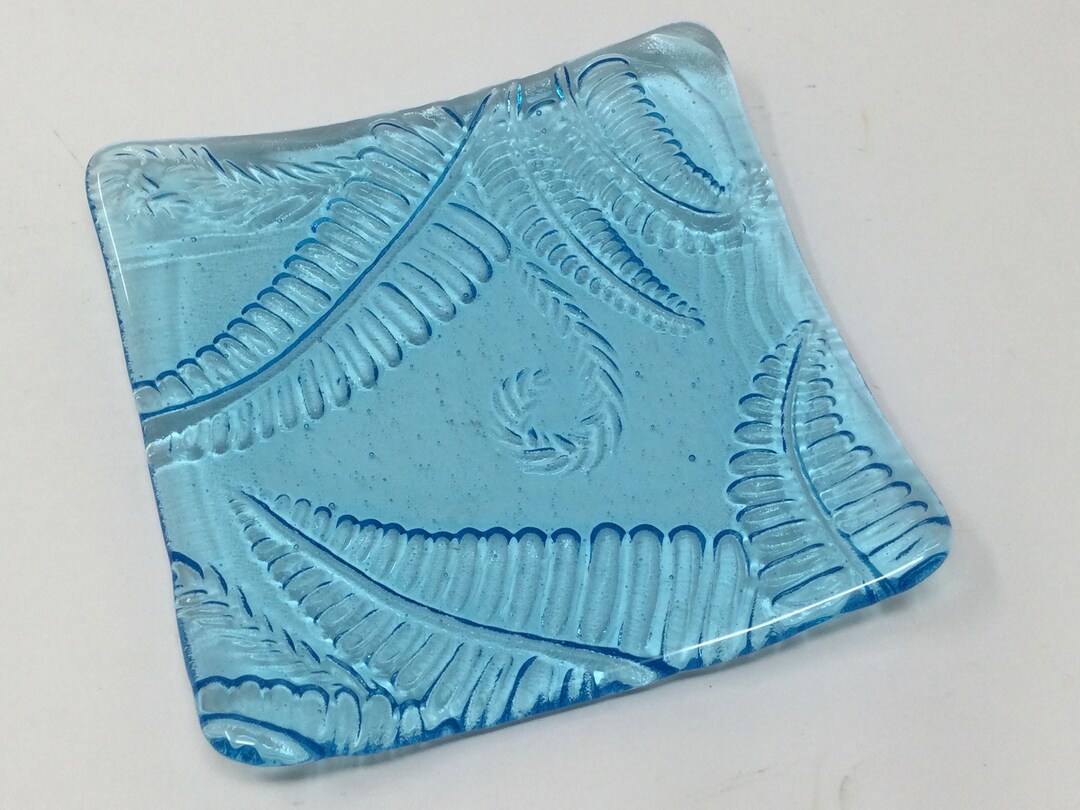 Blue Fern Leaf Embossed Art Glass Dish, Fused Glass Dish, Decorative ...