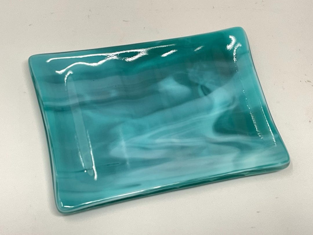Turquoise Teal Art Glass Soap Dish, Fused Glass Sponge Holder, Handmade ...