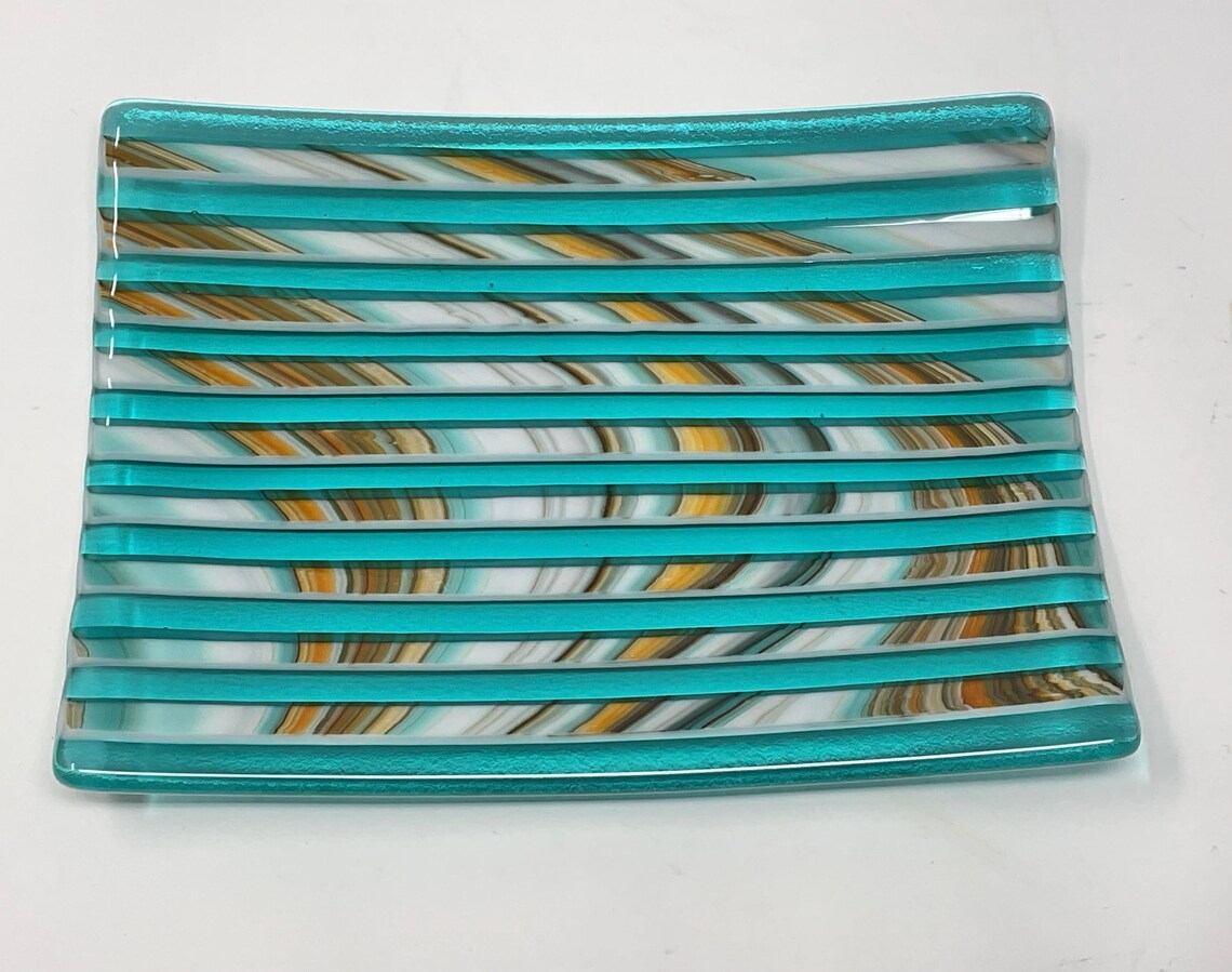 Fused Glass Tray: Turquoise Orange Venetian Blind Style Art Glass Dish ...