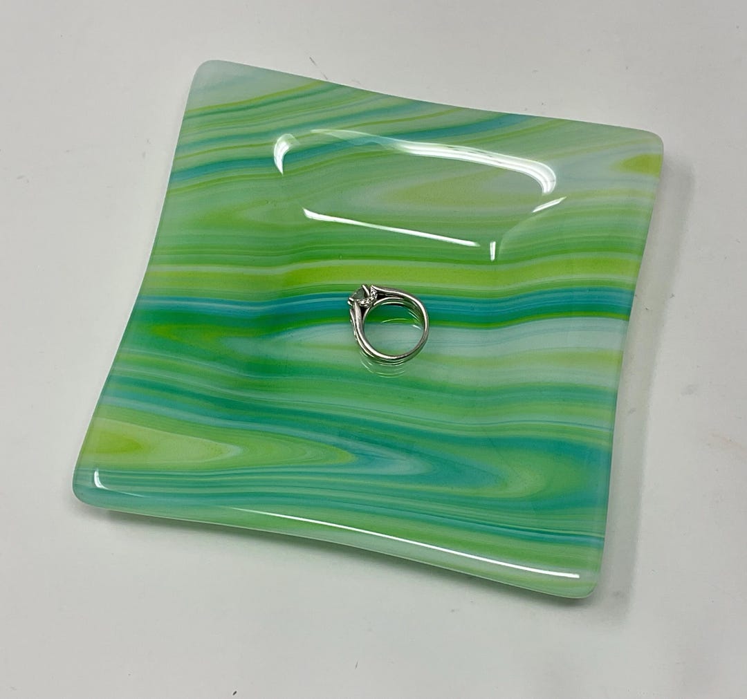 Fused Glass Ring Dish: Blue Green Art Glass Trinket Tray - Etsy