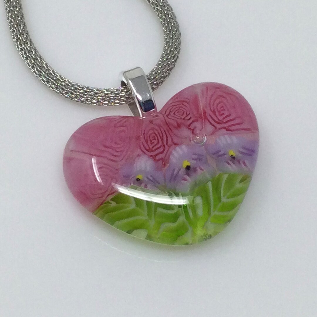 Pink Rose Millefiori Heart Pendant, Fused Glass Jewelry, Floral Garden ...