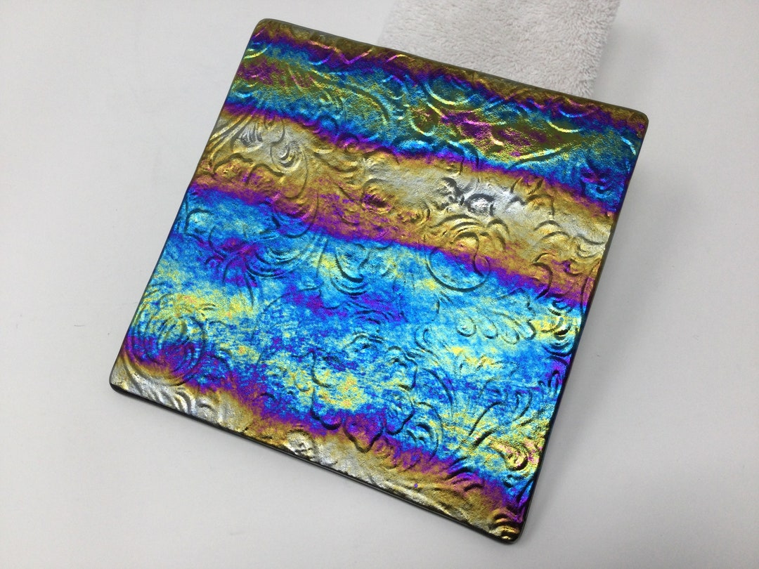 Iridescent Fused Glass Tooled Leather Trivet, Iridized Tooled Leather ...