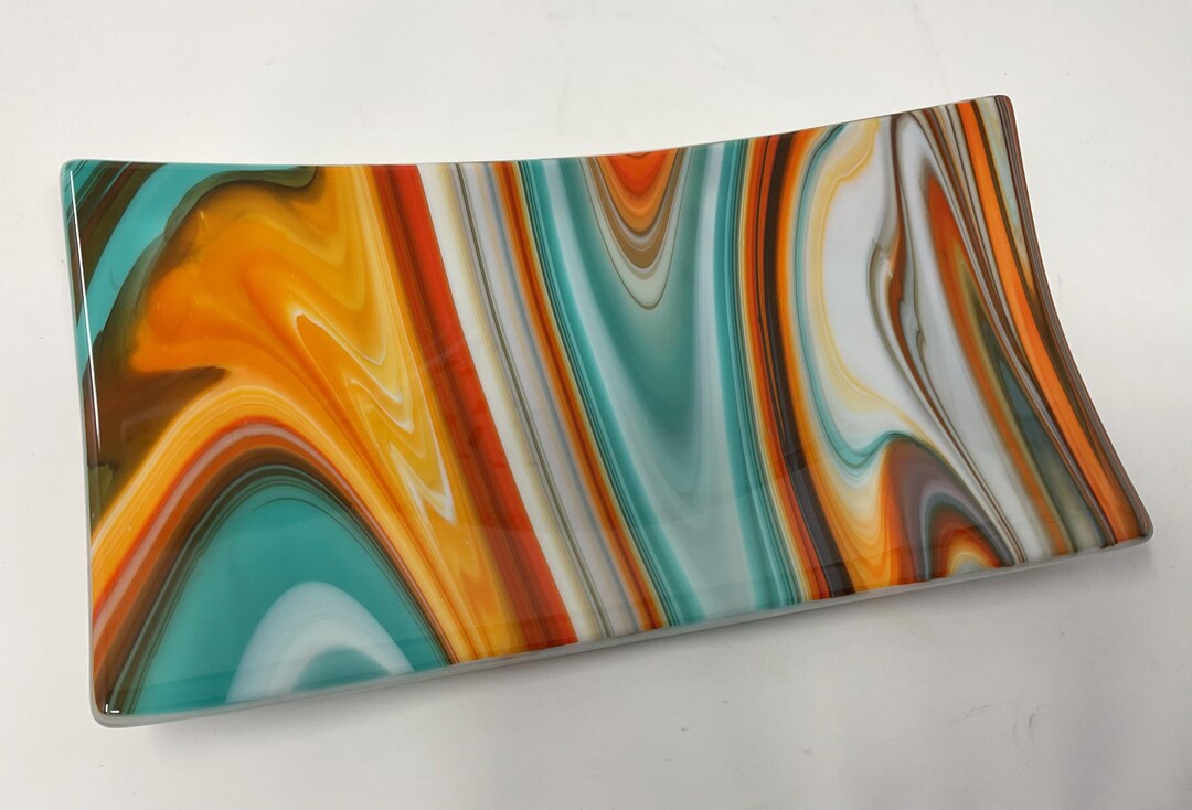 Orange Turquoise Art Glass Serving Tray, Fused Glass Tray, Decorative ...