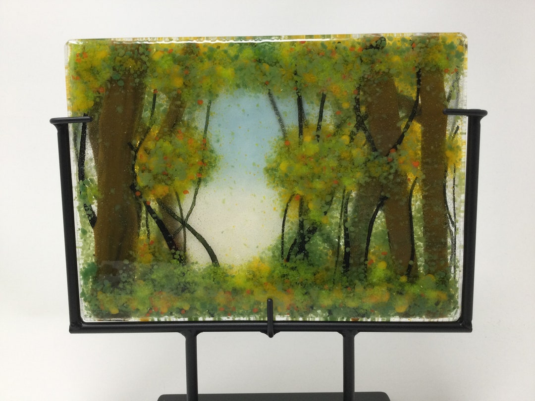 Fused Glass Art, Fall Tree Art Glass Panel, Autumn Woods Frit Glass ...