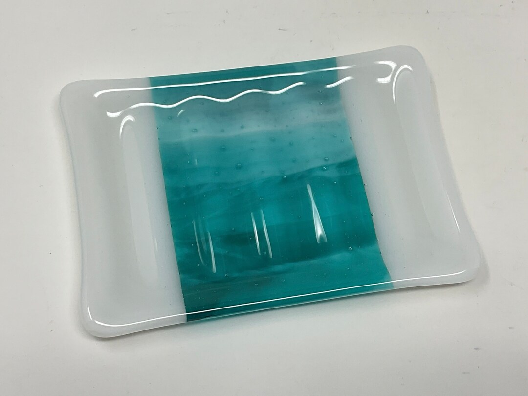 Turquoise Teal White Art Glass Soap Dish, Fused Glass Sponge Holder ...
