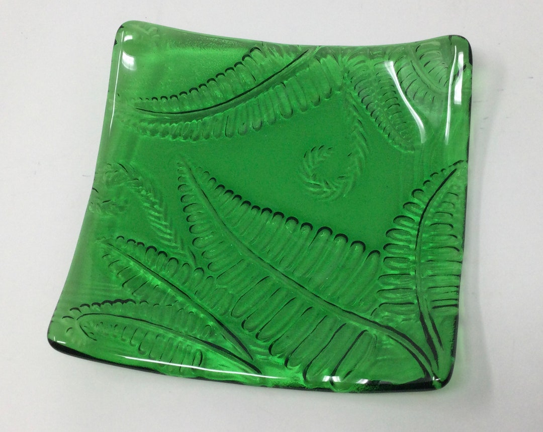 Green Fused Glass Dish: Fern Leaf Embossed Art Tray - Etsy