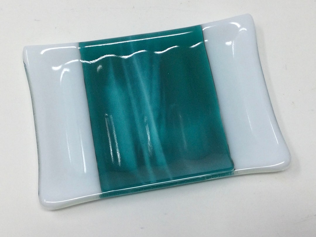 Turquoise Teal Streaky Art Glass Soap Dish, Fused Glass Sponge Holder ...
