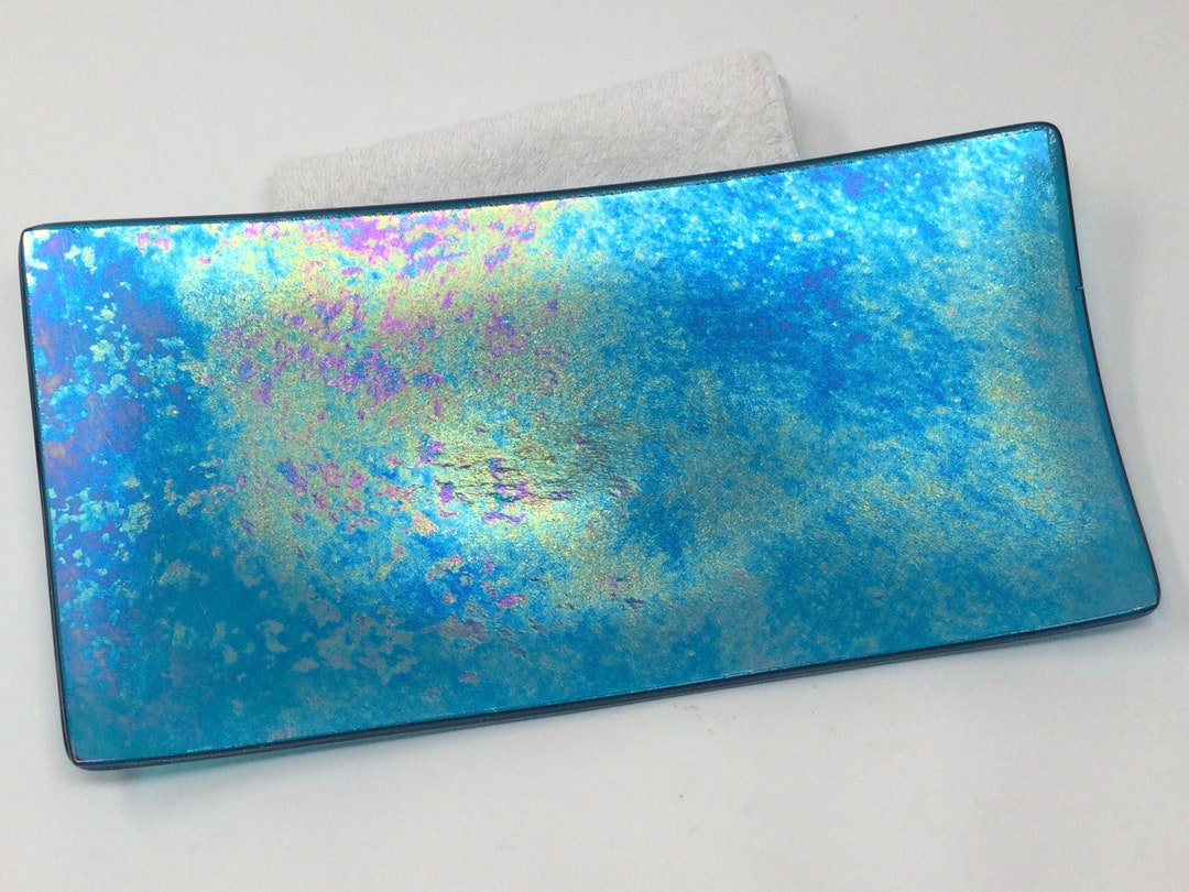 Iridescent Fused Glass Tray, Iridized Blue Gold Purple Decorative Art ...