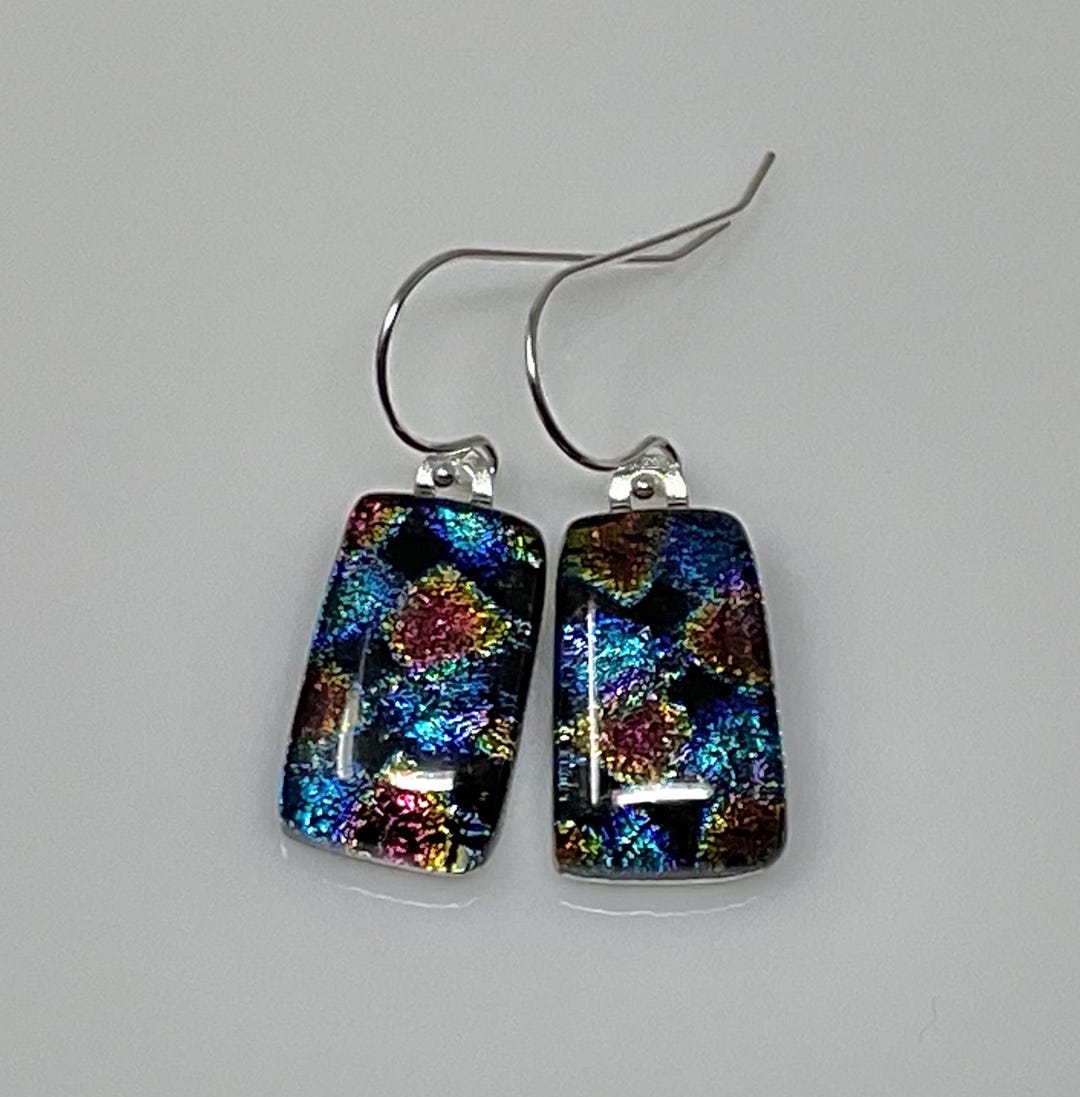 Copper Blue Black Dichroic Glass Earrings, Fused Glass Jewelry ...
