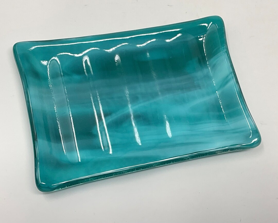 Turquoise Teal Art Glass Soap Dish, Fused Glass Sponge Holder, Handmade ...