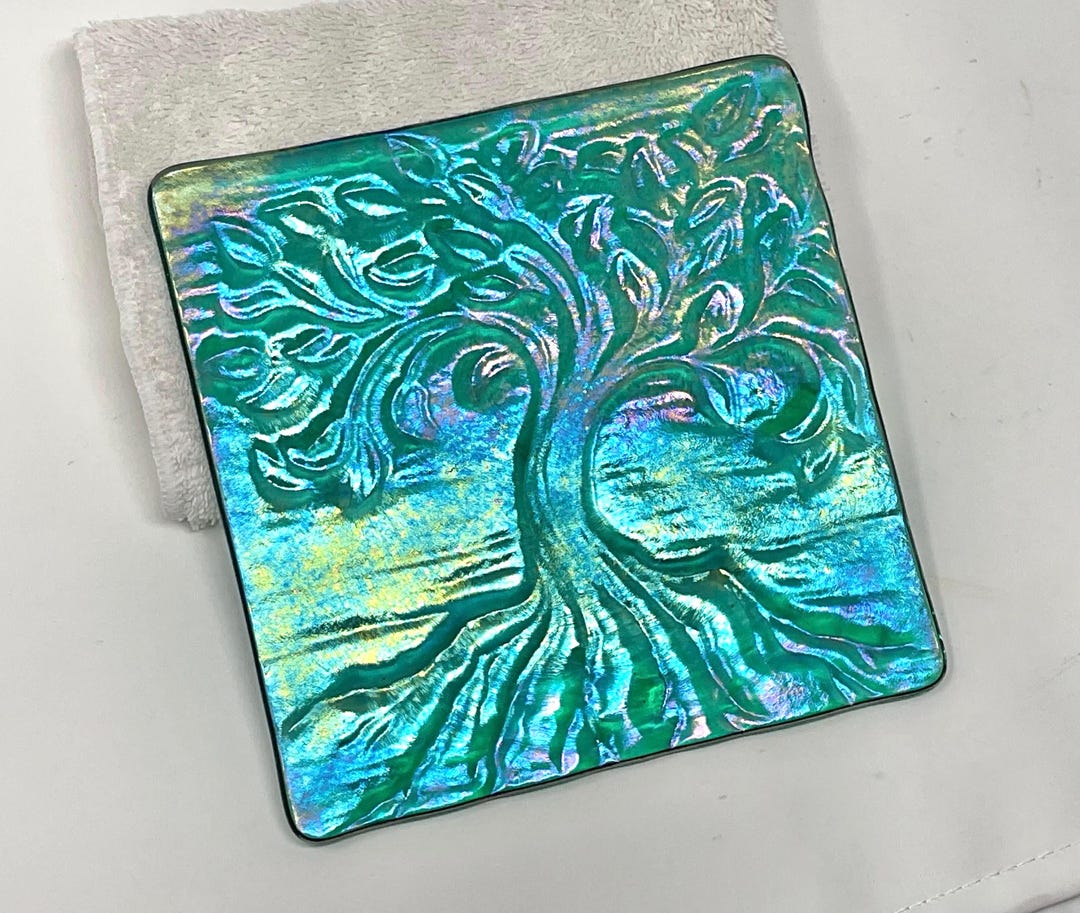 Iridescent Turquoise Fused Glass Tree of Life Trivet - Etsy