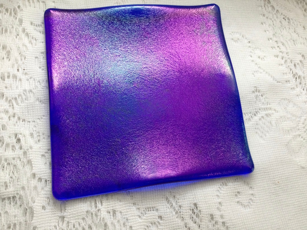 Cobalt Blue Iridescent Art Glass Dish, Fused Glass Plate, Iridized ...