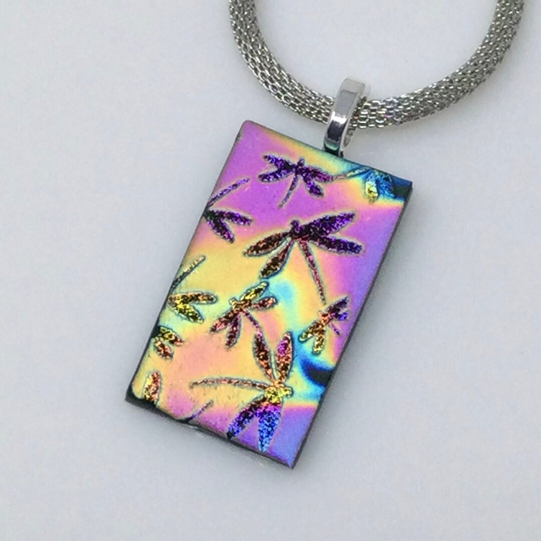 Dichroic Glass Dragonfly Pendant, Fused Glass Jewelry, Purple Gold Blue ...