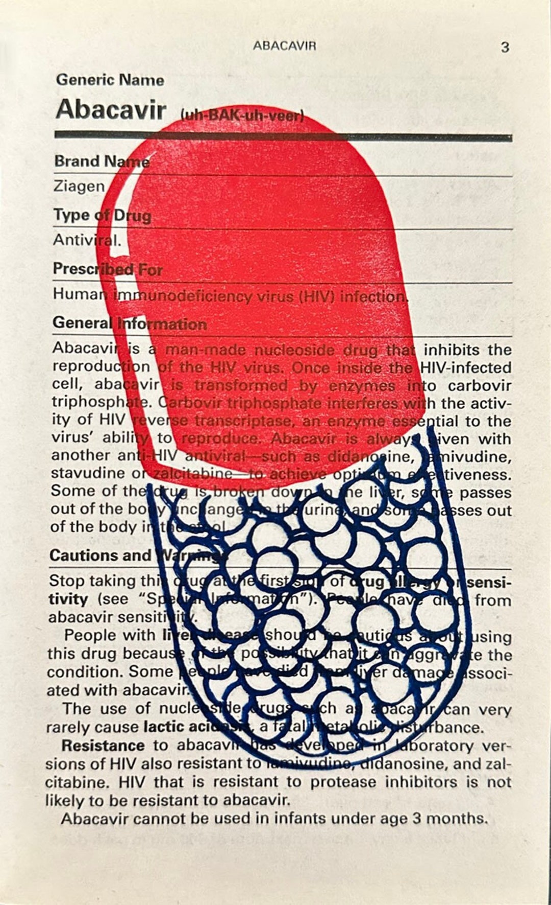 The Pill - Relief Print on Recycled Book Page - Etsy