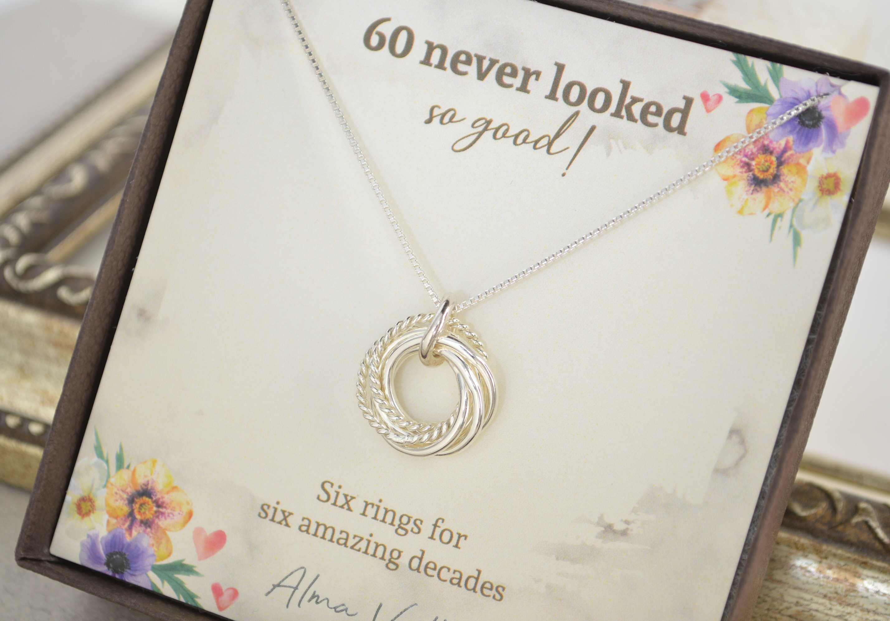 60th Birthday jewelry for women, 6 Decades necklace, 6 Rings for 6 ...
