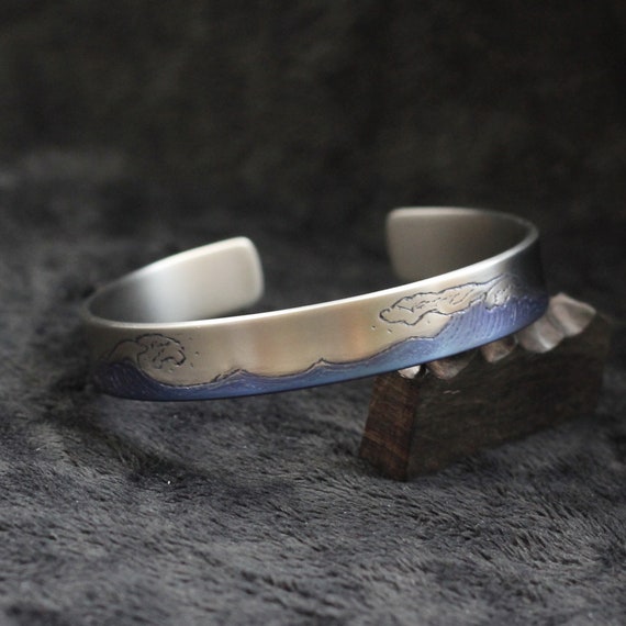 Titanium Cuff Bracelet Men Anodized Handmade Engraving Ocean Wave 12mm X 2mm Wide and Thick Solid Grade 2 Titanium Bangle Etsy