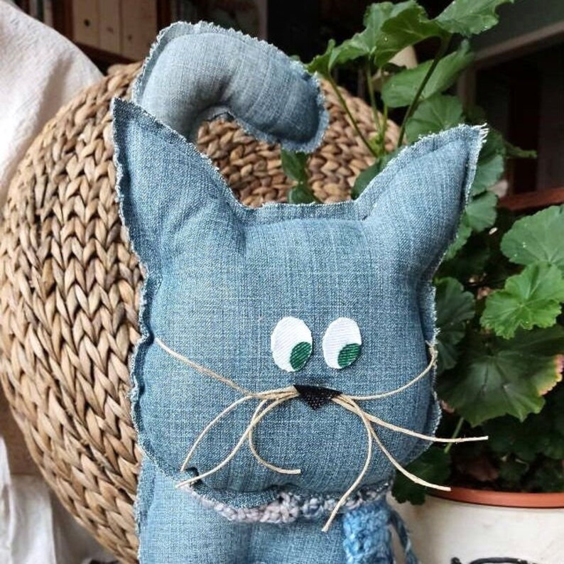 Standing Cat, Plushie Cat, Soft Toy Cat,blue Denim Fabric Cat ,cat ...
