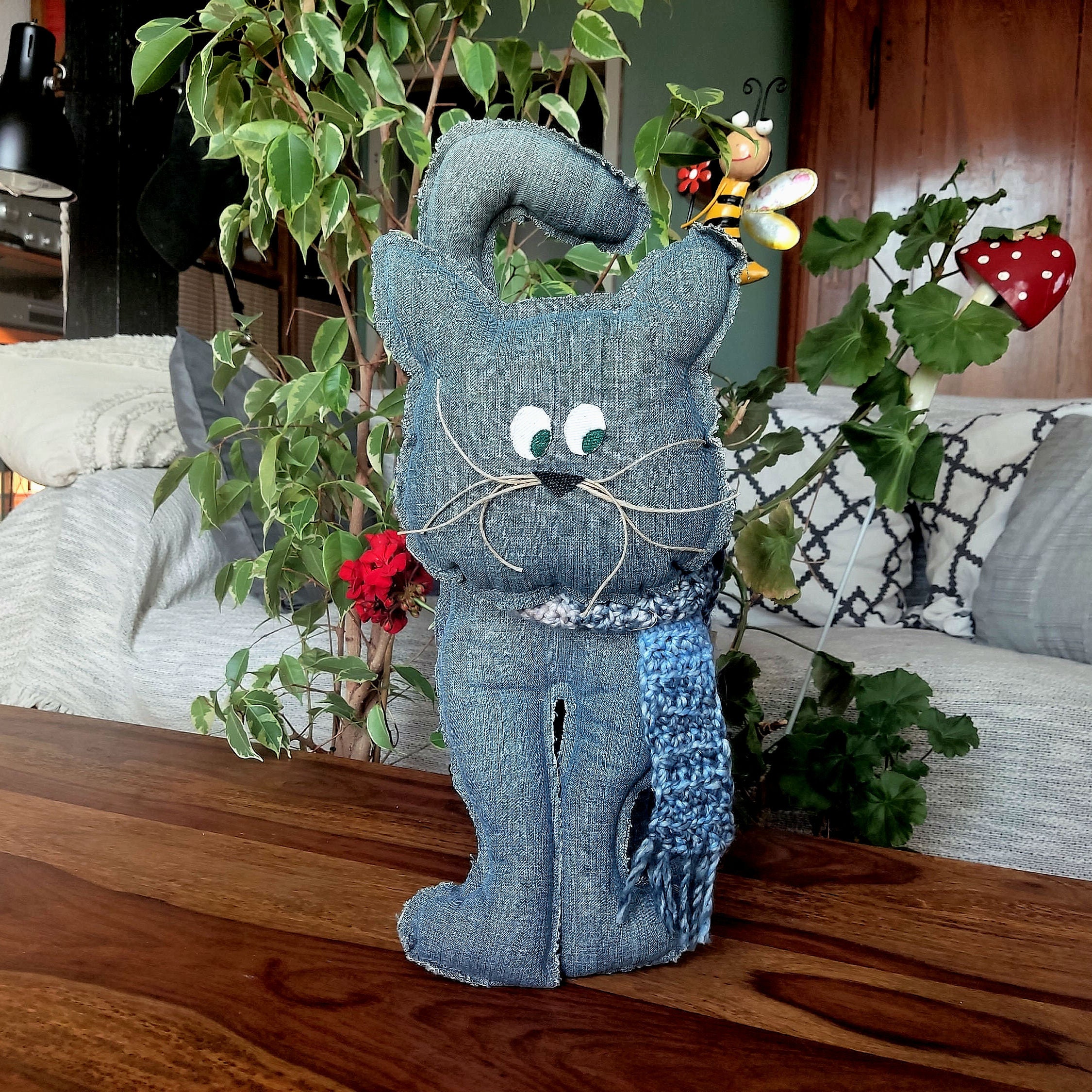 Standing Cat, Plushie Cat, Soft Toy Cat,blue Denim Fabric Cat ,cat ...
