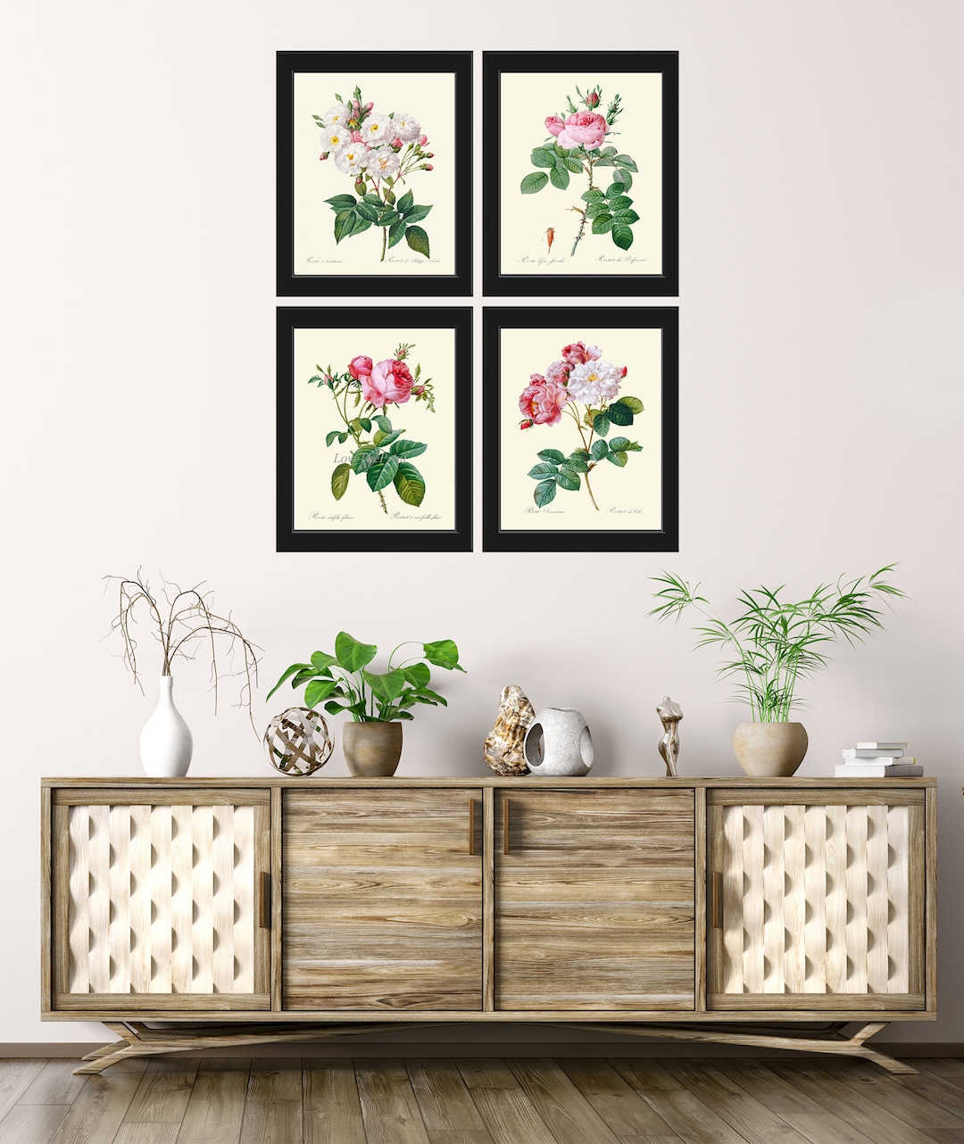 Vintage Roses Botanical Print SET of 4 Wall Art Prints Antique Pink ...