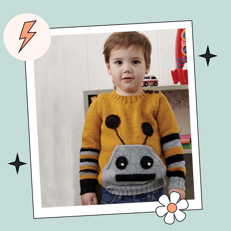 Kids Robot Pocket Jumper, Boys and Girls Robot Sweater Knitting Pattern ...