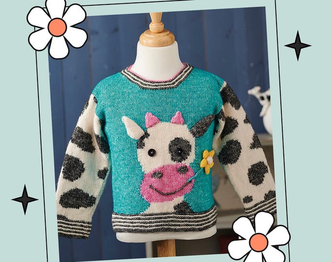 Moo Cow Sweater Knitting Pattern Child Sizes Pullover Jumper Intarsia ...