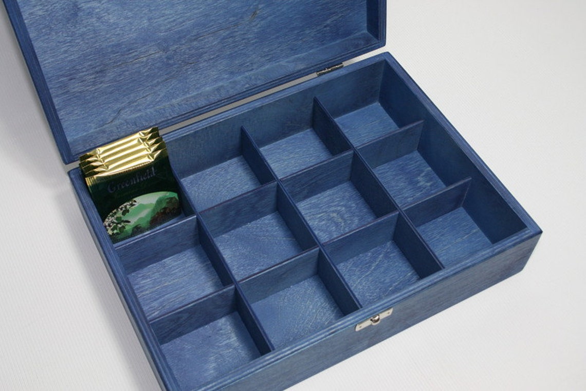 12 Compartments Blue Wooden Tea Box / Blue Storage Box / | Etsy