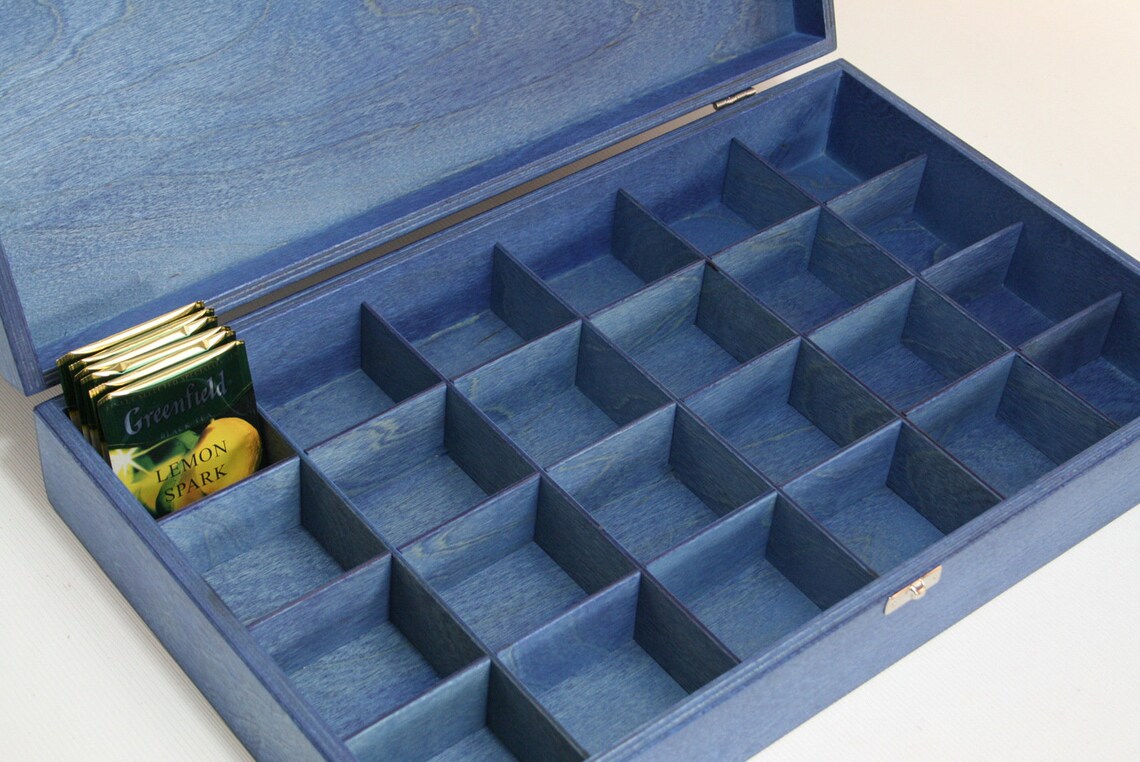 24 Compartments Blue Wooden Tea Box / Blue Storage Box / - Etsy