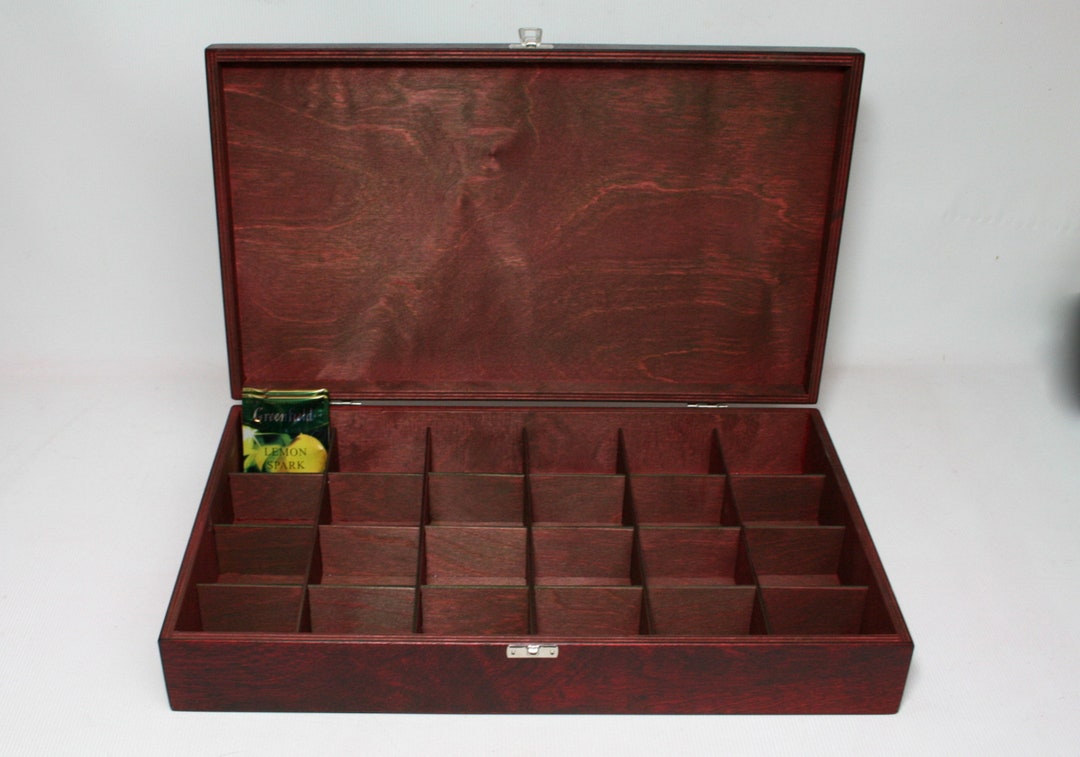 24 Compartments Dark Red Wooden Tea Box / Tea Organizer / Personalized ...