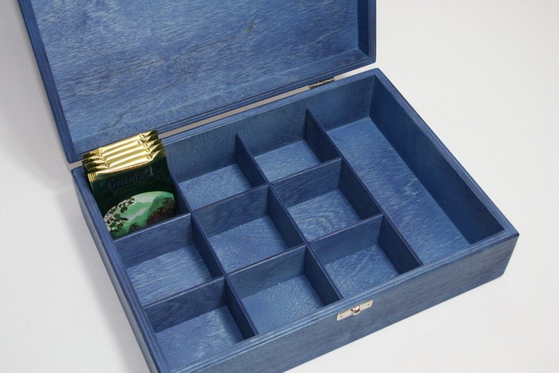 10 Compartments Blue Wooden Tea Box / Blue Storage Box / - Etsy