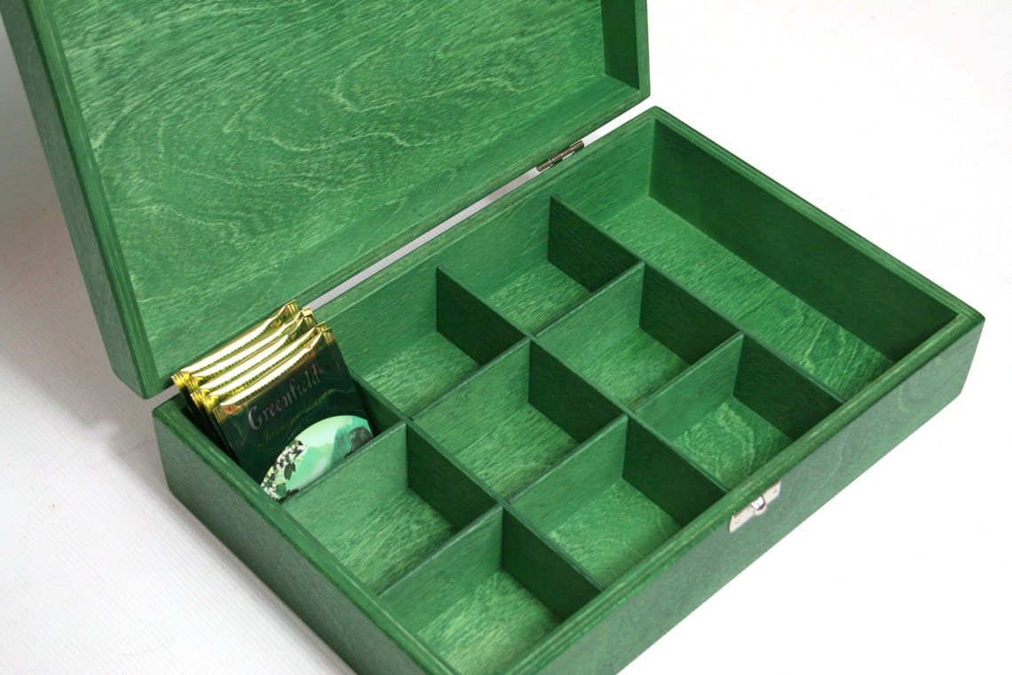 10 Compartments Tea Box / Dark Green Box / Wooden Keepsake Box - Etsy