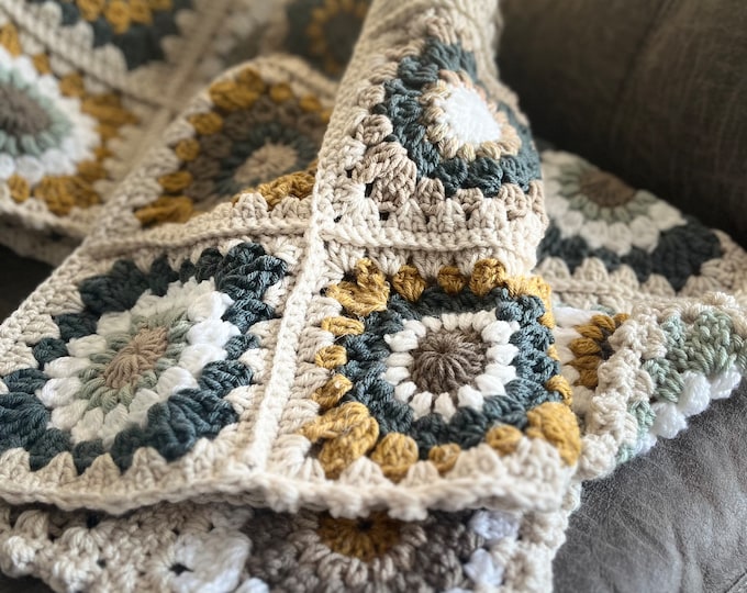 Sun Burst Granny Square Blanket in Muted Tones mustard, Country Blue ...