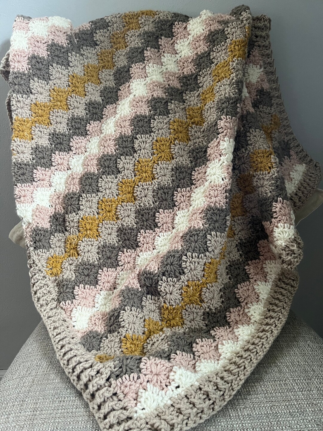 Baby Crochet Blanket/throw: Blush Pink, Mustard Tweed, Linen, and Gray ...