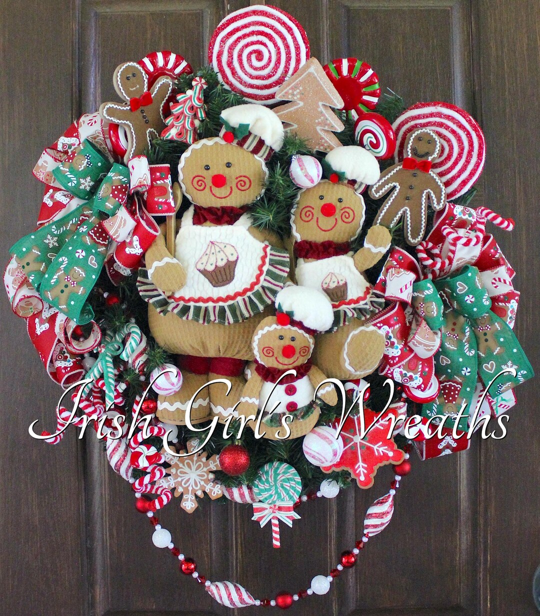 Gingerbread Baker Family Peppermint Christmas Wreath, Candy Christmas ...